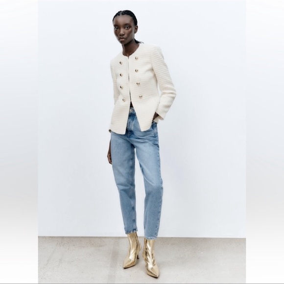 Zara | Jackets & Coats | Zara Collarless Textured Wool Blend Blazer ...